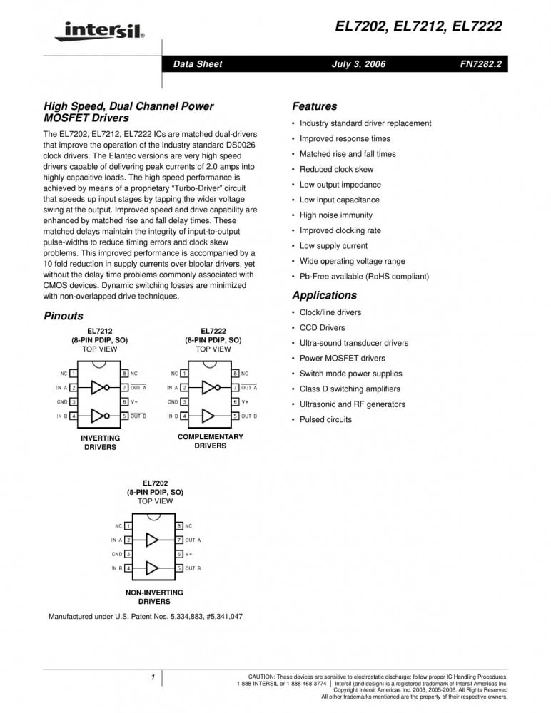 EL7212CNZ datasheet page 1