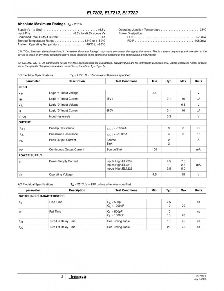 EL7212CNZ datasheet page 3