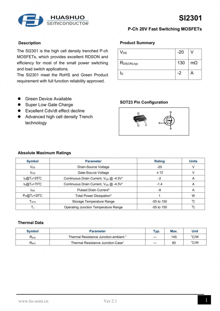 SI2301 datasheet page 1
