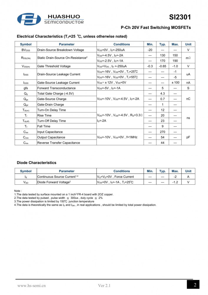 SI2301 datasheet page 2