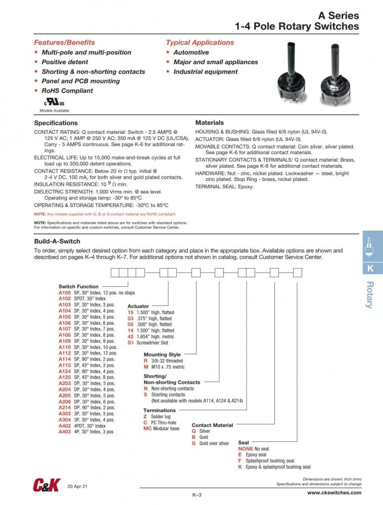 C&K A Series rotary switch datasheet page 1