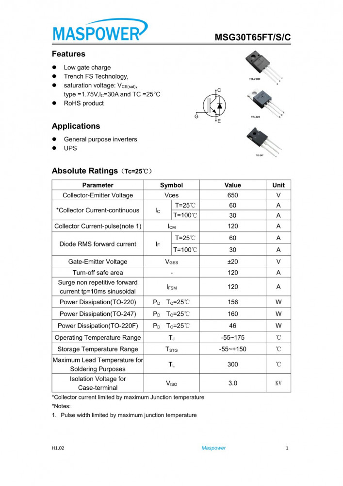 MSG30T65FT datasheet page 1