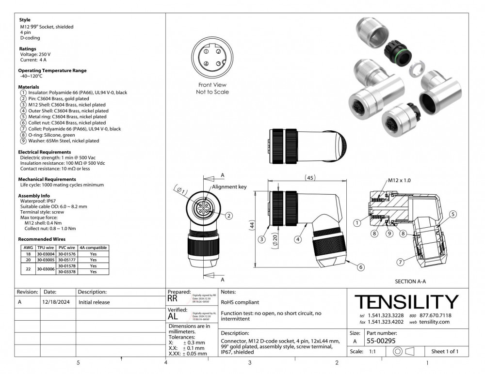 Product drawing page for Tensility International 55-00295 M12 D-coded 4-pin socket