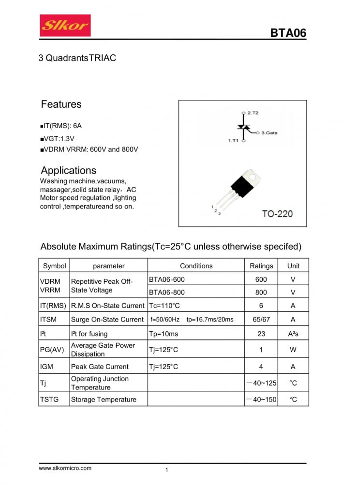BTA06-800B datasheet page 1
