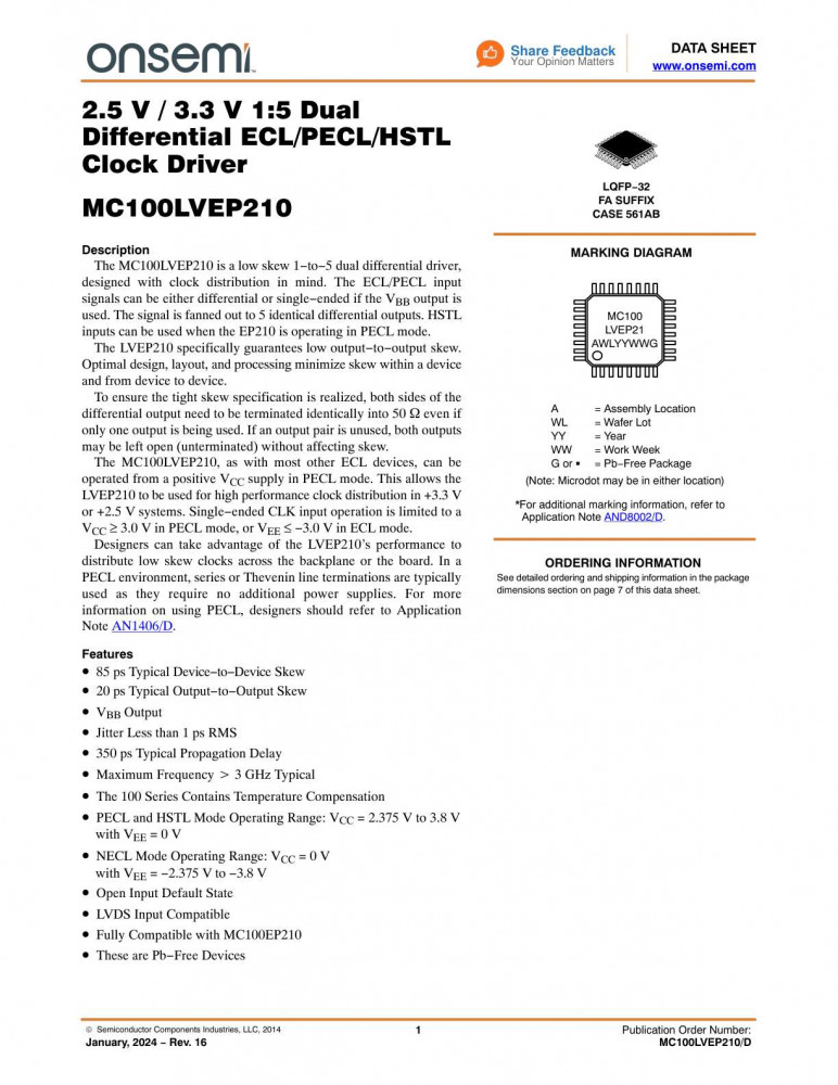 MC100LVEP210 datasheet page 1