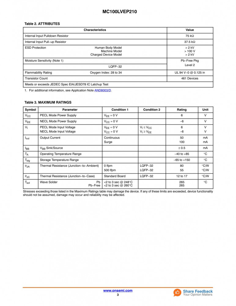 MC100LVEP210 datasheet page 3