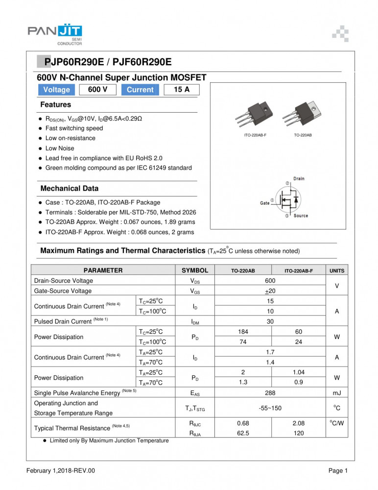 PANJIT PJP60R290E datasheet page 1