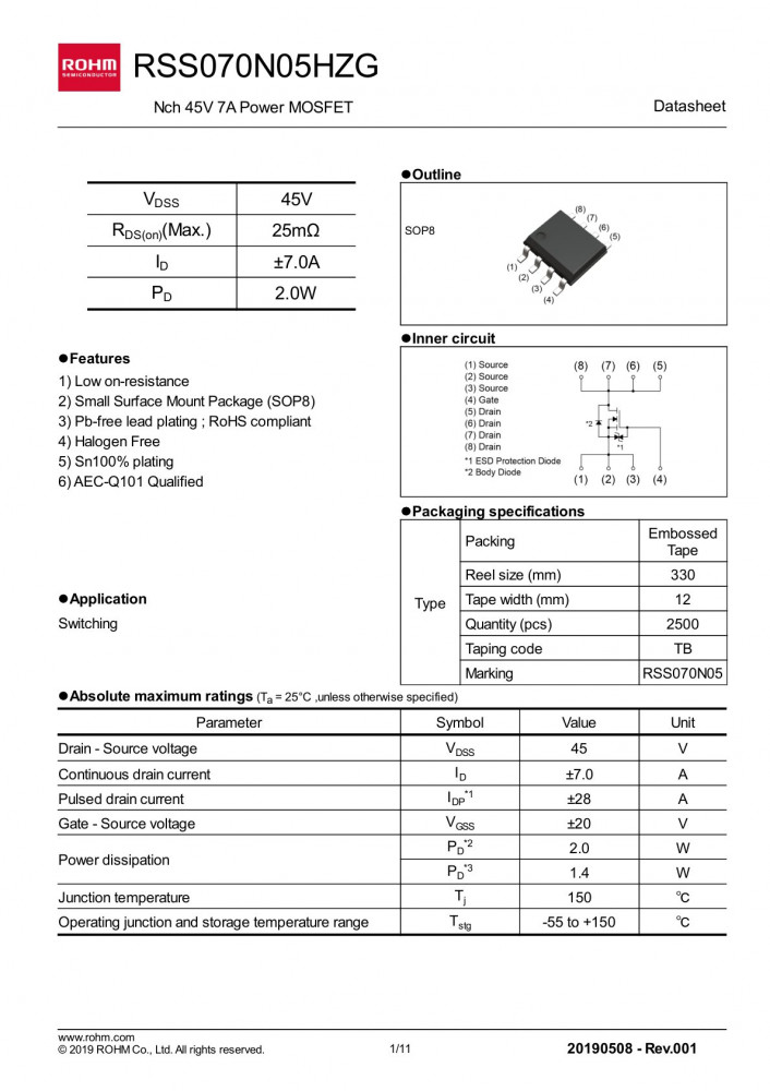 RSS070N05HZGTB datasheet page 1