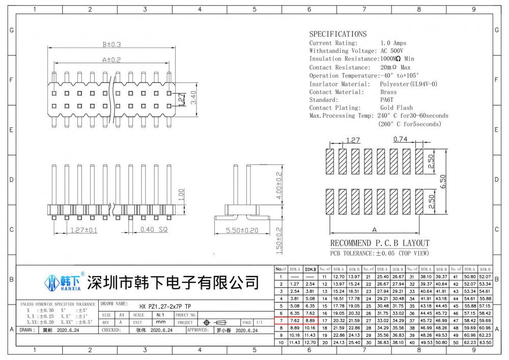 HX PZ1.27-2x7P TP technical drawing and PCB layout