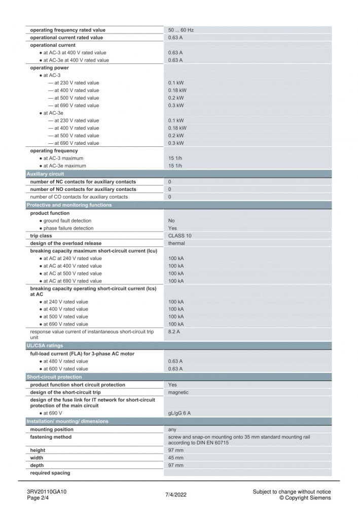 3RV20110GA10 datasheet page 2