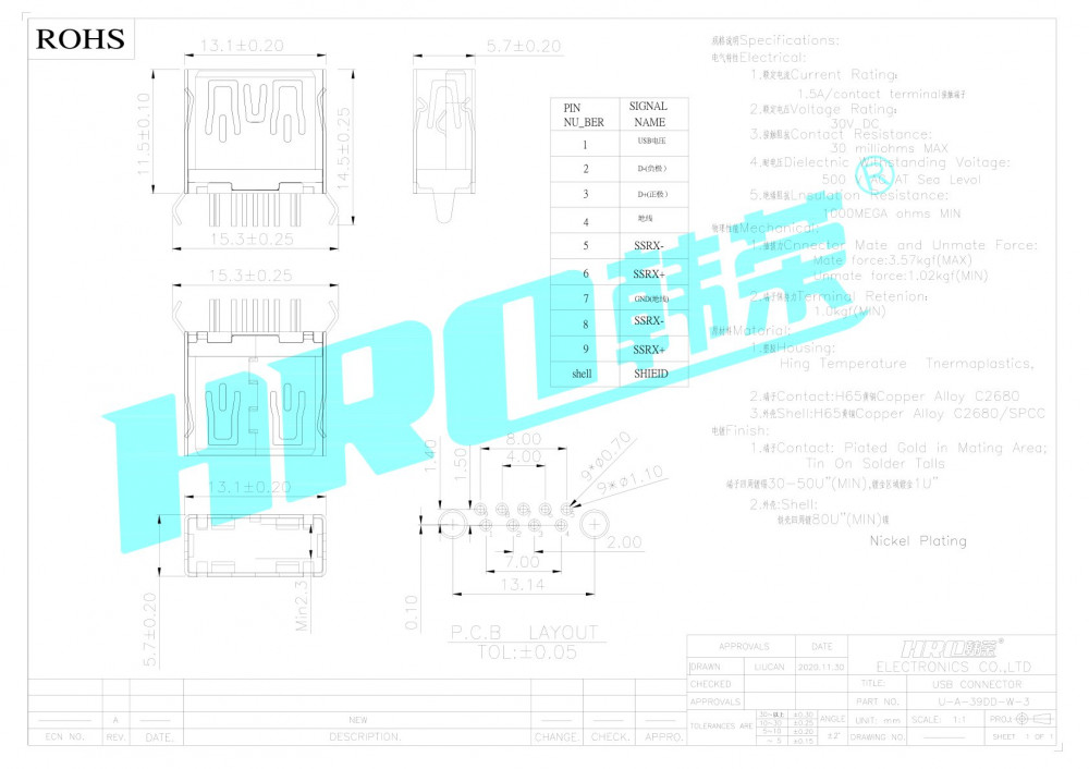 U-A-39DD-W-3 USB connector technical drawing