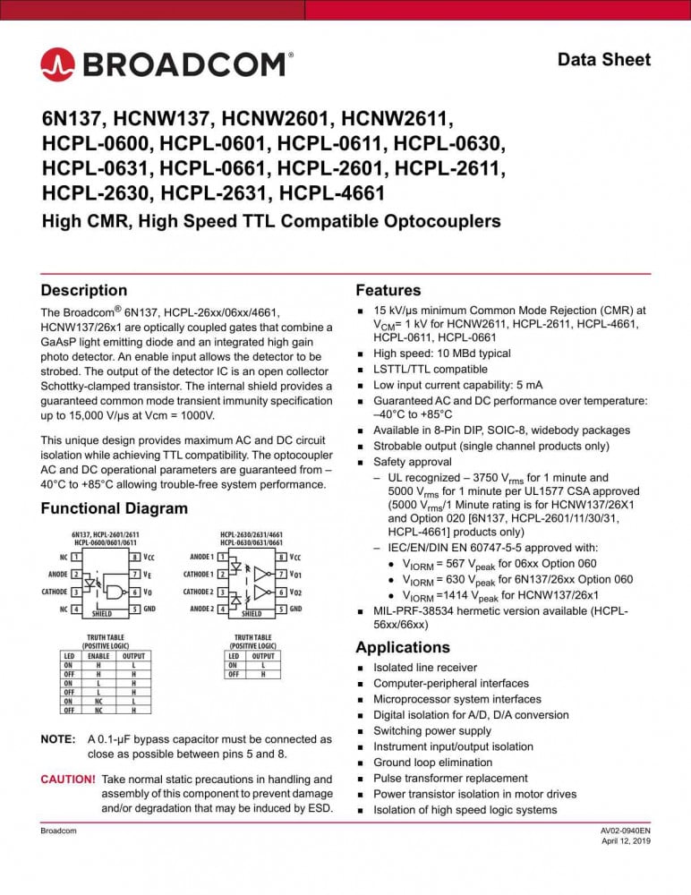 6N137 datasheet page 1