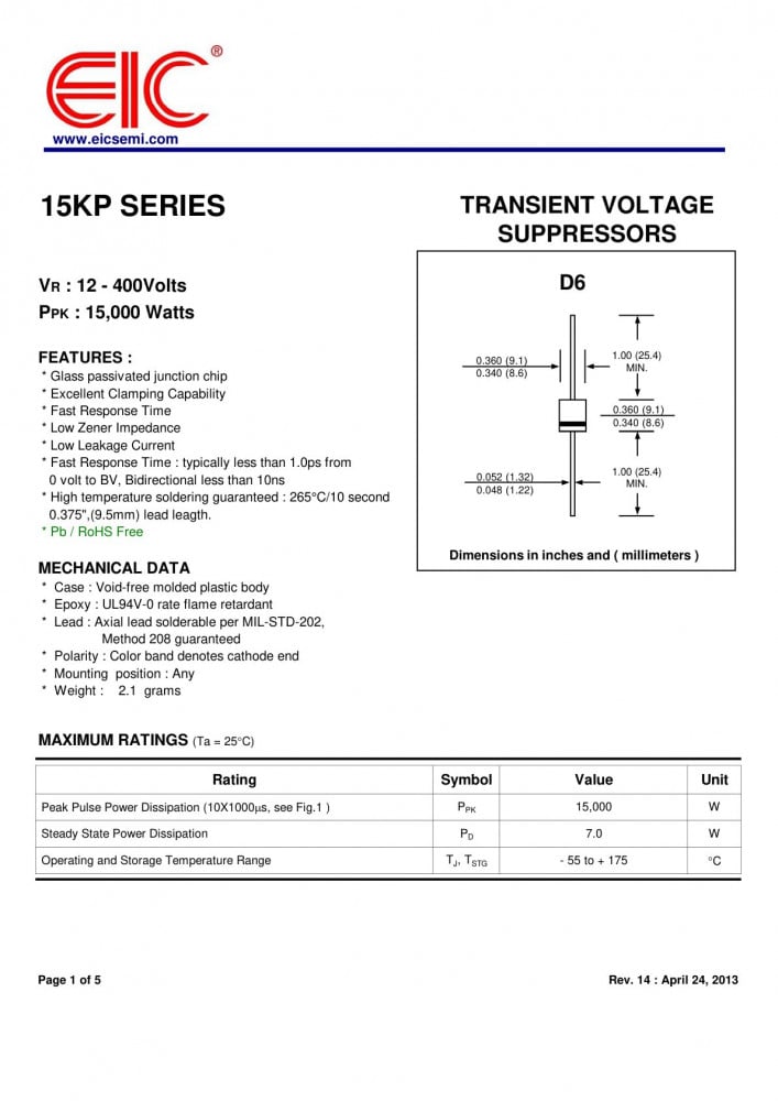EIC 15KP series datasheet page 1