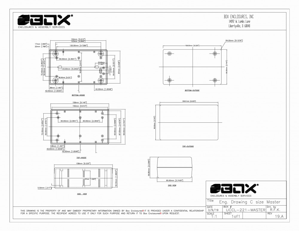 UCCM-221 enclosure drawing page, including bottom-inside view