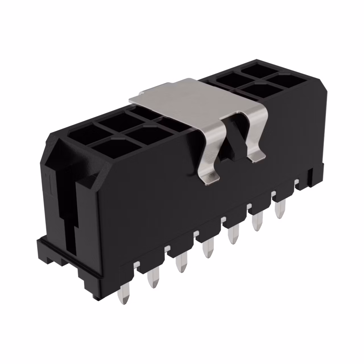 Micro-Fit 3.0 Vertical Header, 3.00mm Pitch, Dual Row, 14 Circuits, Straight Tail, with PCB Polarizing Peg, 0.76µm Gold, Glow-Wire Capable, Black, Tape and Reel, with Pick and Place Cap for sale
