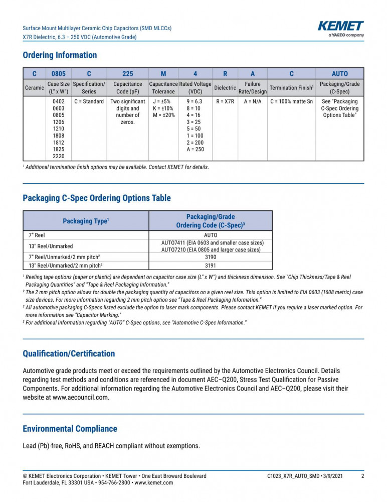 KEMET C1206C106K3RACAUTO datasheet page 2