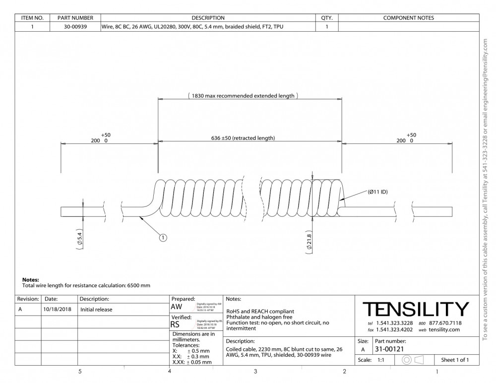 Tensility International product drawing for cable assembly model 31-00121