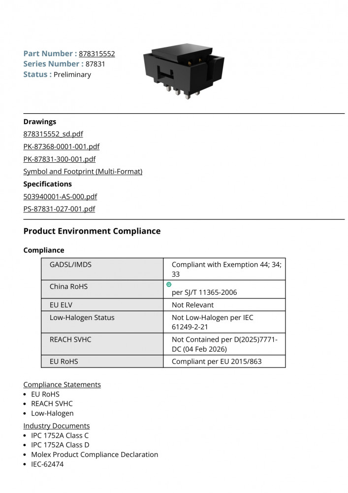 Technical document page 1 for MOLEX 878315552