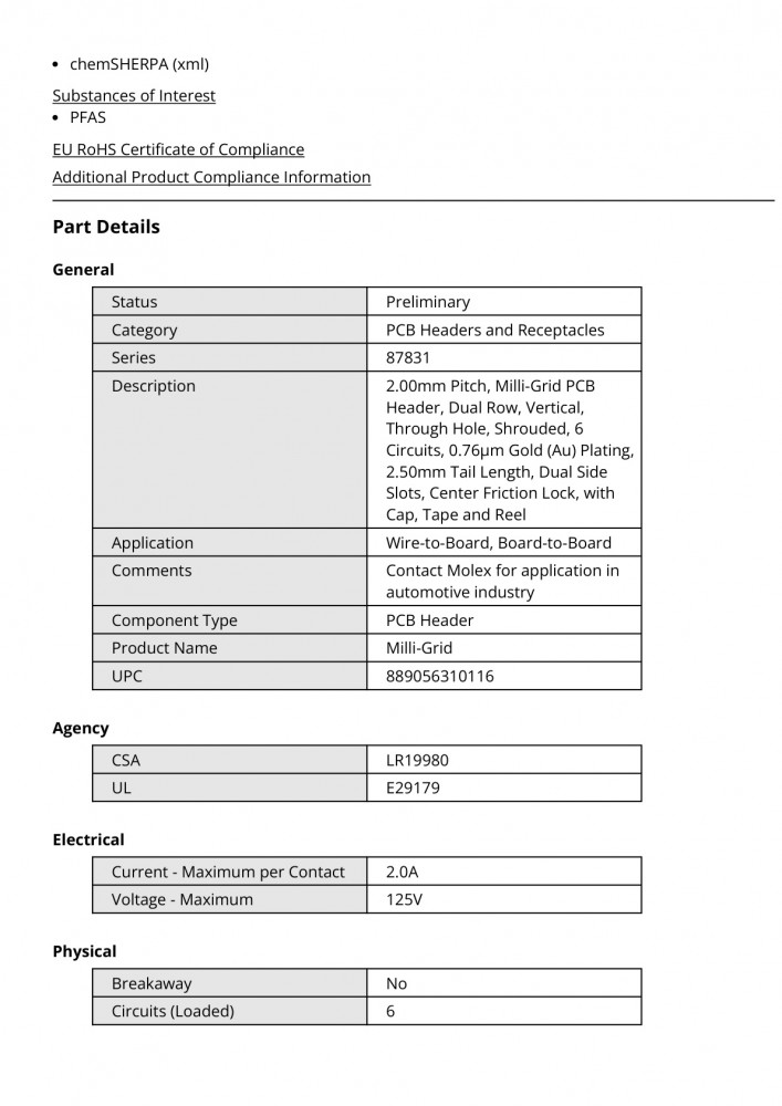 Technical document page 2 for MOLEX 878315552