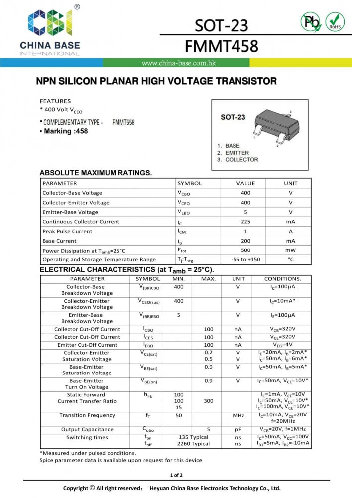 FMMT458 datasheet page 1