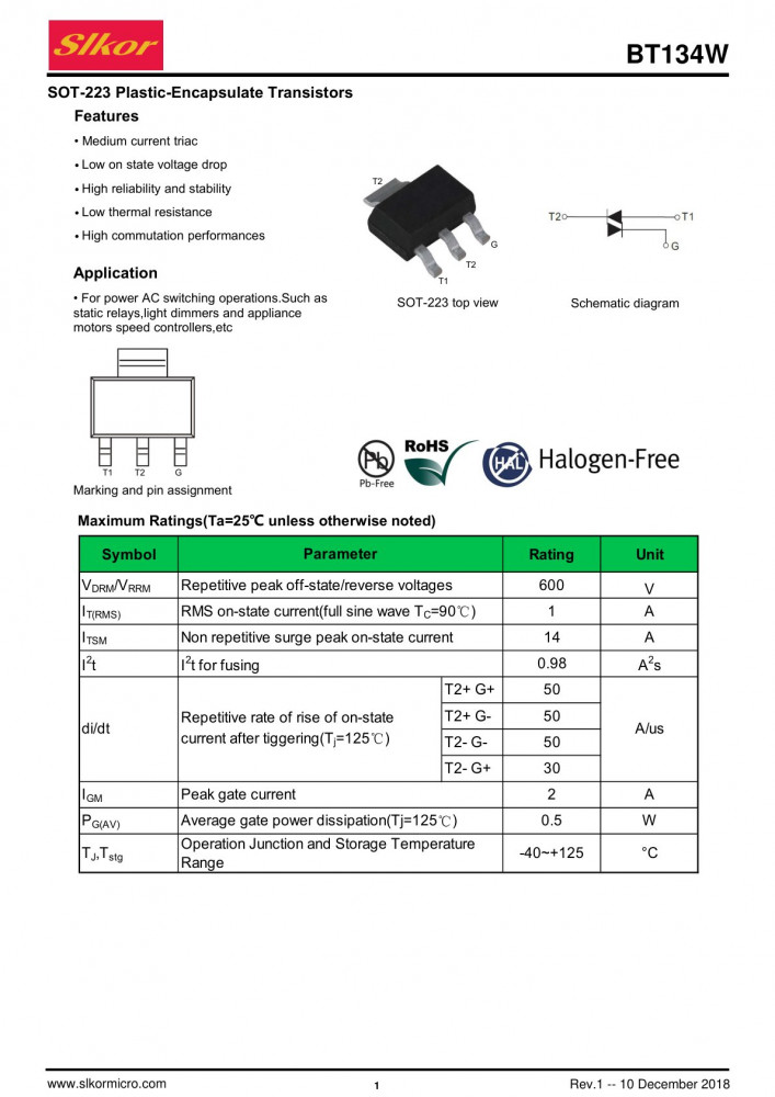 BT134W datasheet page 1
