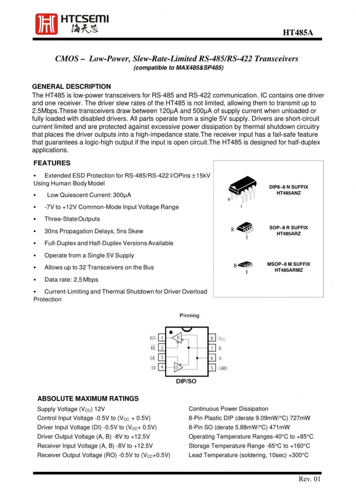 HT485 datasheet page 1