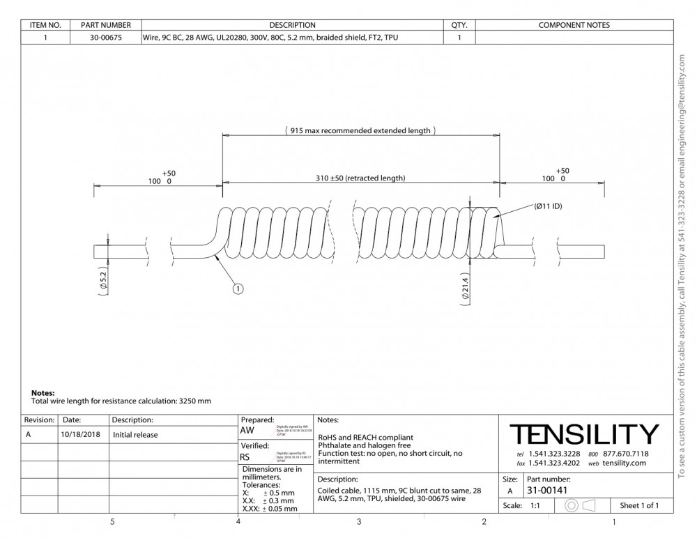 Tensility International 31-00141 cable assembly drawing