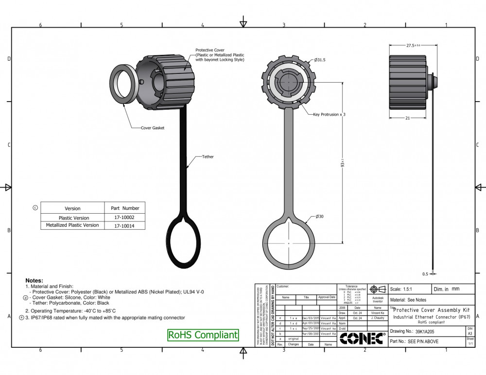 Amphenol 17-10002 protective cover assembly drawing
