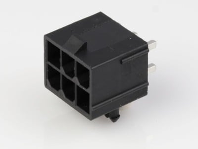 Mini-Fit Jr. Header, Dual Row, Right-Angle, Third Generation Polarization Type for PCIe Applications, 8 Circuits, LCP UL 94V-0, 0.76µm Select Gold (Au) Plating, Black, Tape and Reel