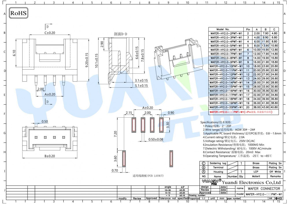 Yuandi WAFER-HY2.0-14PWT-W1 connector drawing