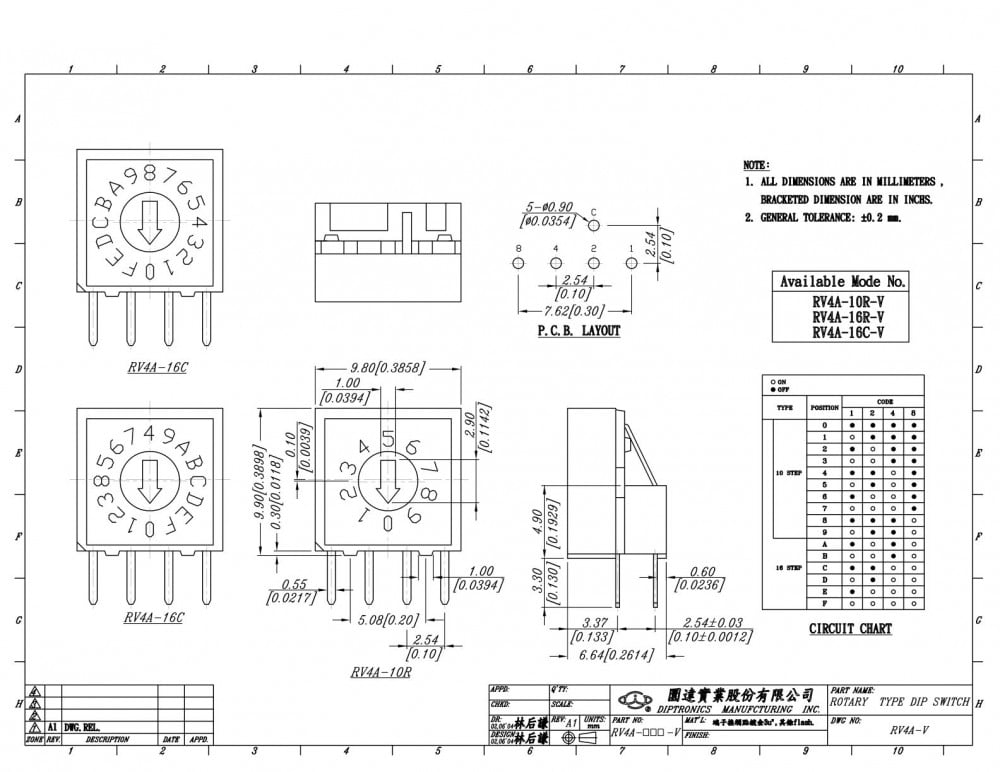 Diptronics RV4A rotary type DIP switch technical drawing