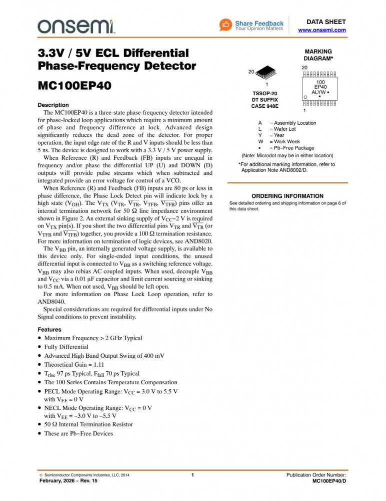 MC100EP40 datasheet page 1