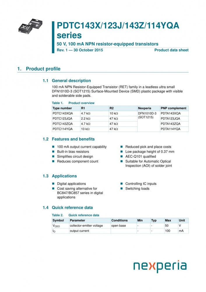 PDTC143XQAZ datasheet page 1