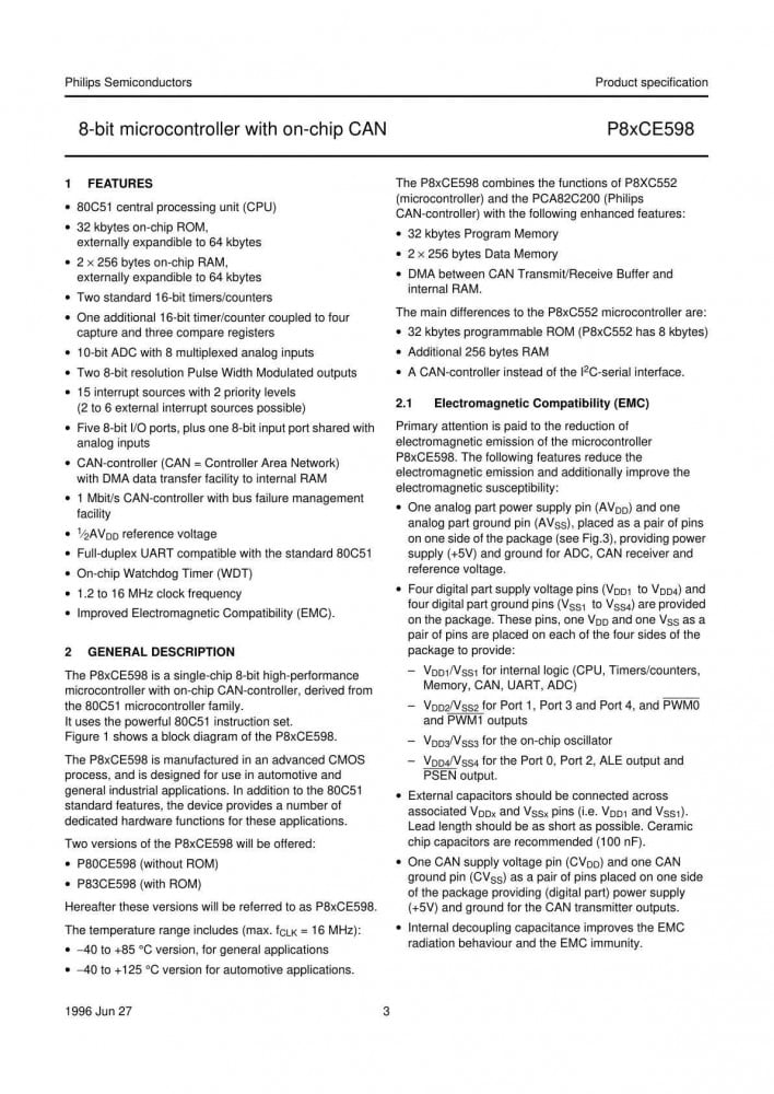 P80CE598FHB datasheet page 3