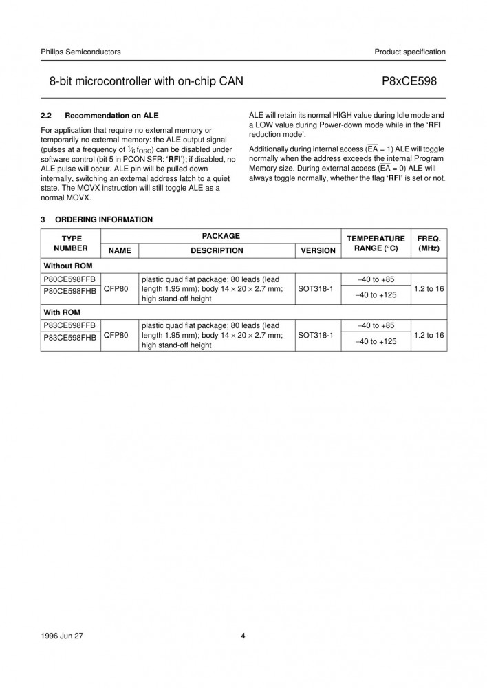 P80CE598FHB datasheet page 4