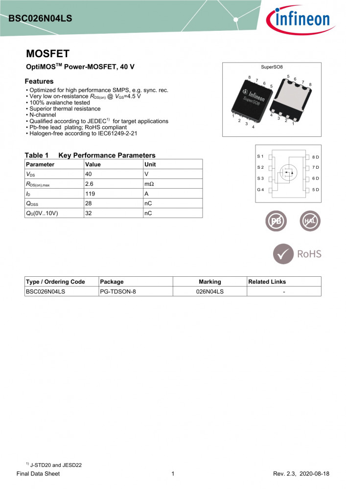 BSC026N04LS datasheet page 1