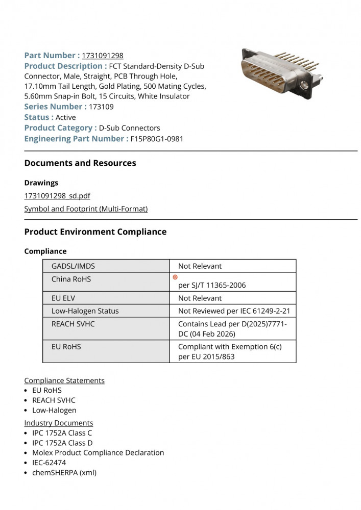 MOLEX 1731091298 technical document page 1