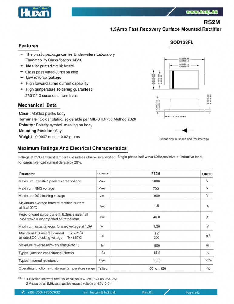 RS2M SOD-123FL datasheet page 1
