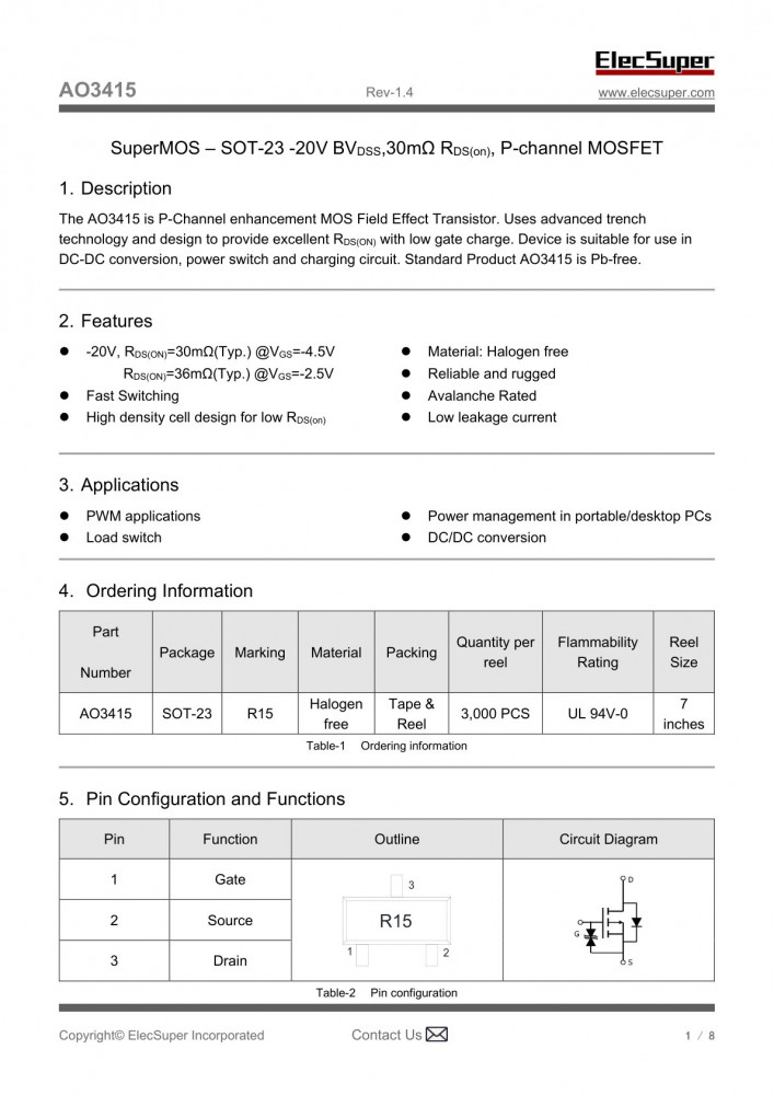 AO3415 datasheet page 1