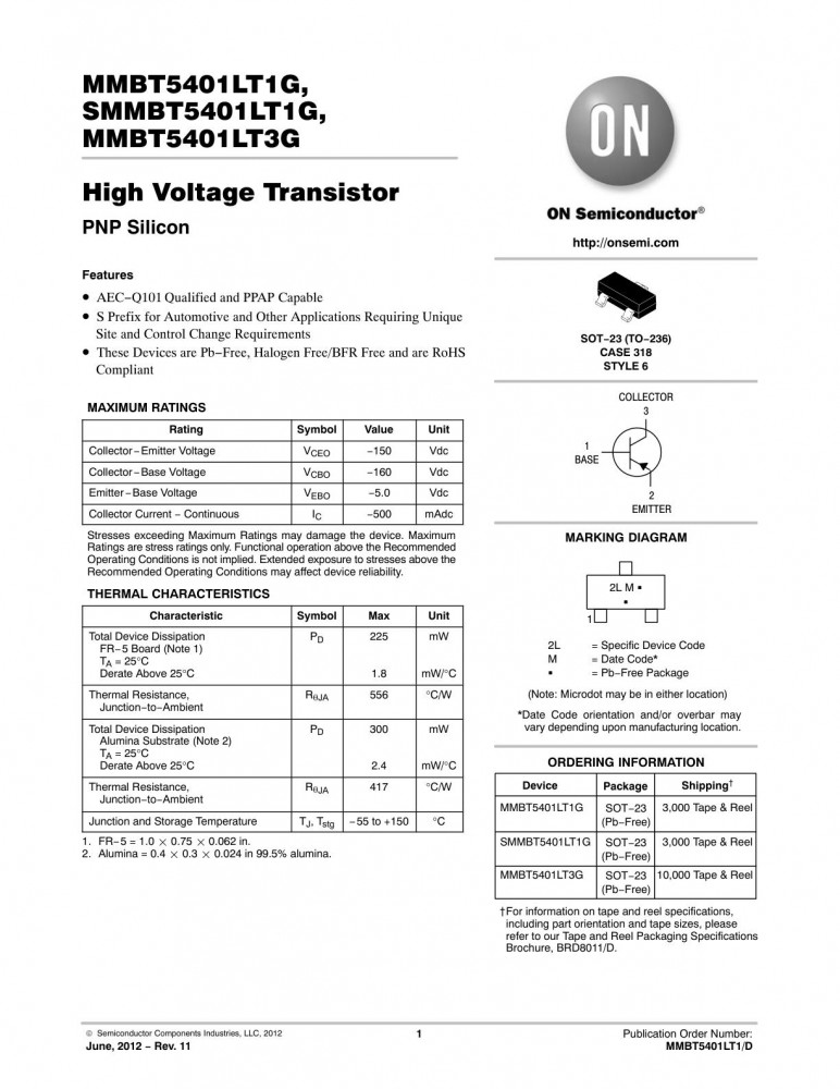MMBT5401LT1G datasheet page 1