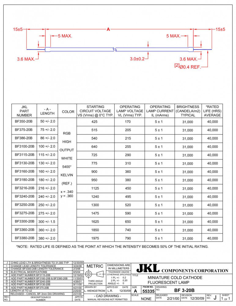 BF 3-20B miniature cold cathode fluorescent lamp drawing