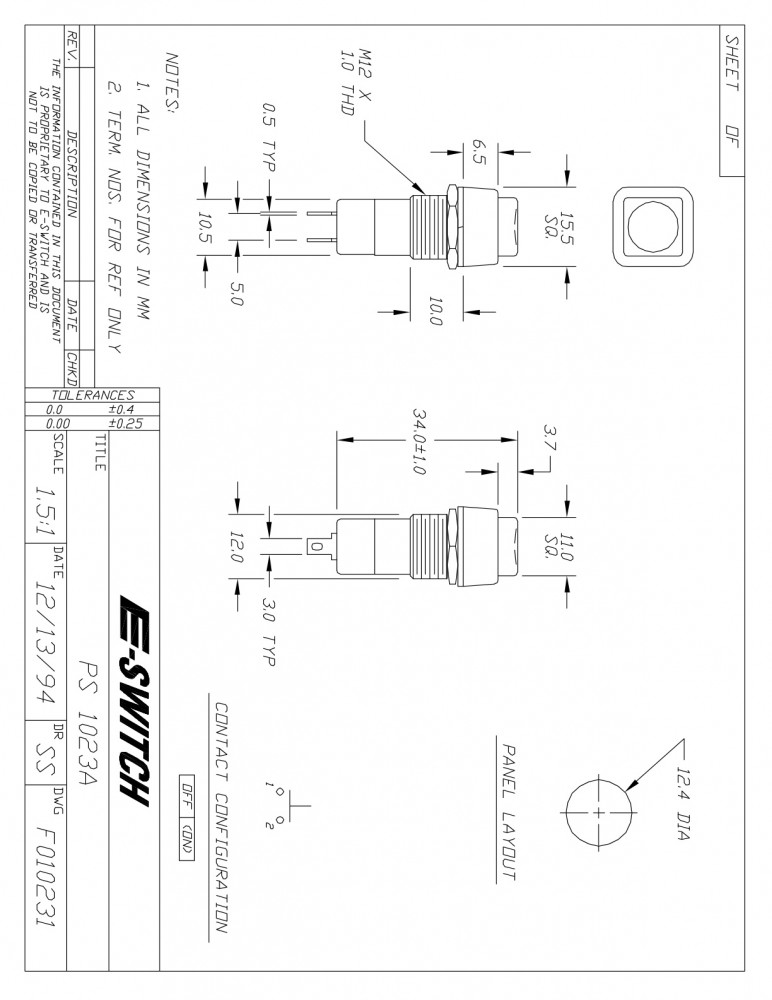 PS1023ABLK panel connector drawing showing contact configuration, panel layout, and notes