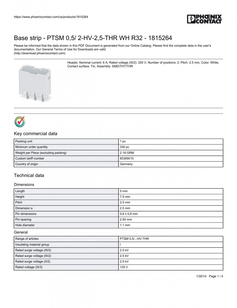 Phoenix Contact 1815264 product data page 1