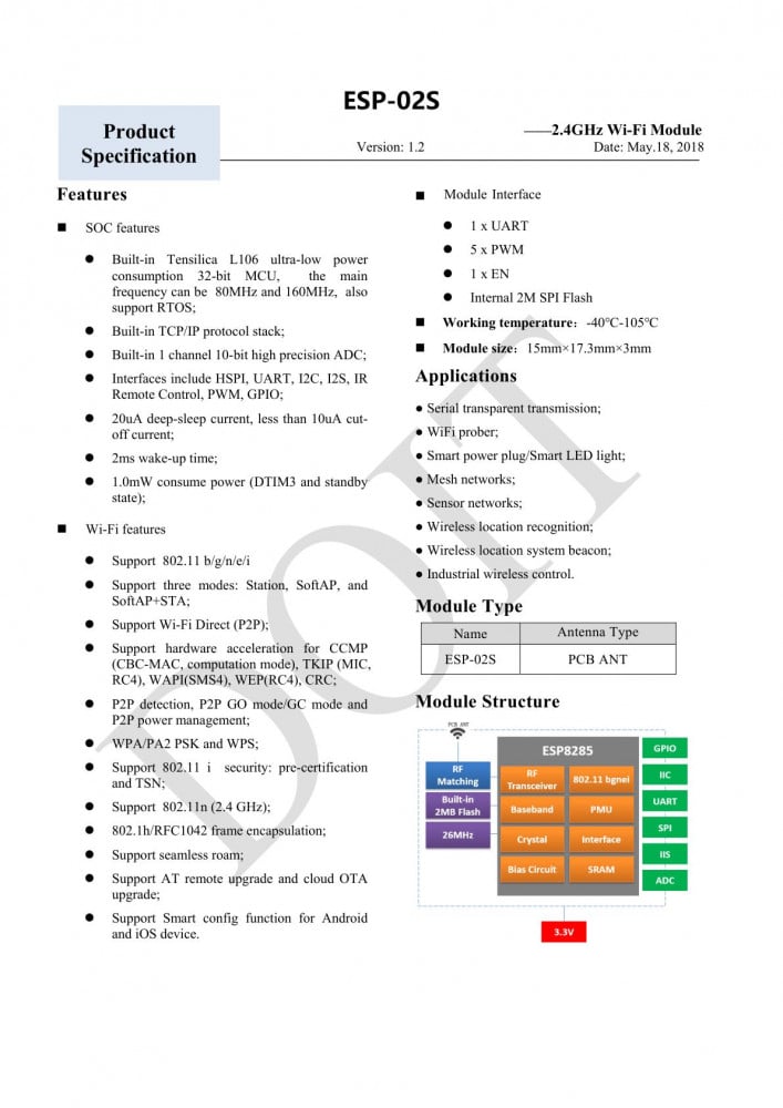 ESP-02S datasheet page 1