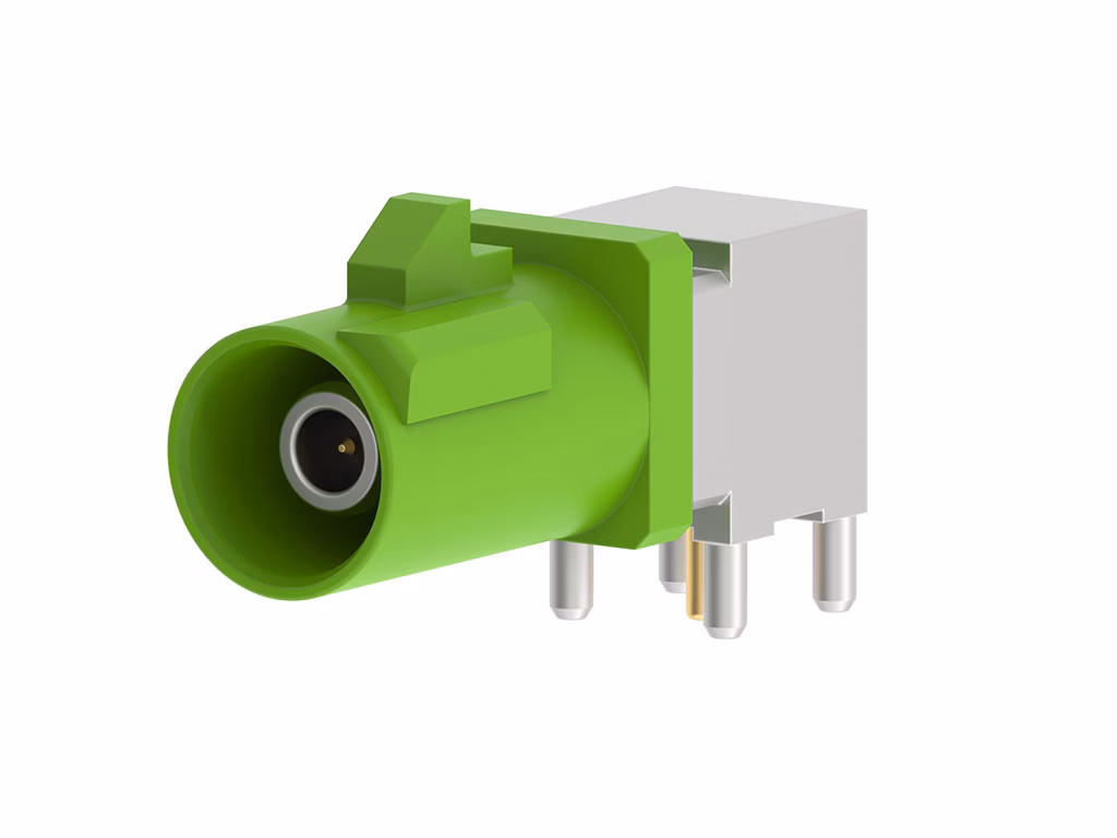 FAKRA Jack, Straight, PCB Receptacle, Through Hole, Die Cast Body, Tin (Sn) Plated, Keying Code E, Green, Tray, 50 Ohms