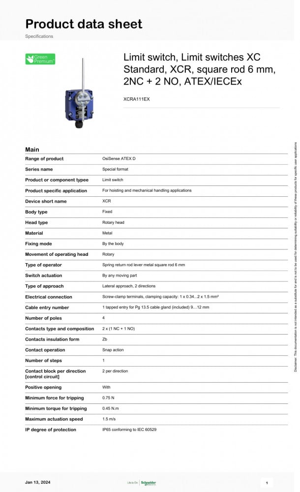 XCRA111EX technical document page 1