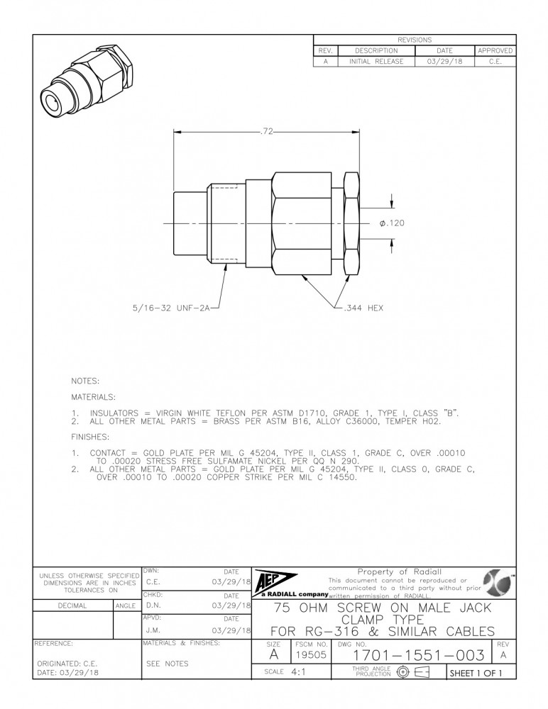 Radiall 1701-1551-003 product drawing preview