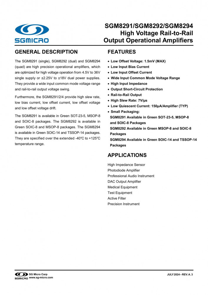 SGM8292 datasheet page 1
