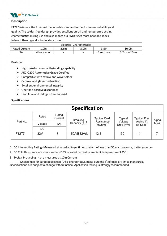 F12T7 specification sheet page 2