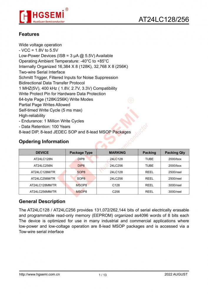 AT24LC256M/TR datasheet page 1